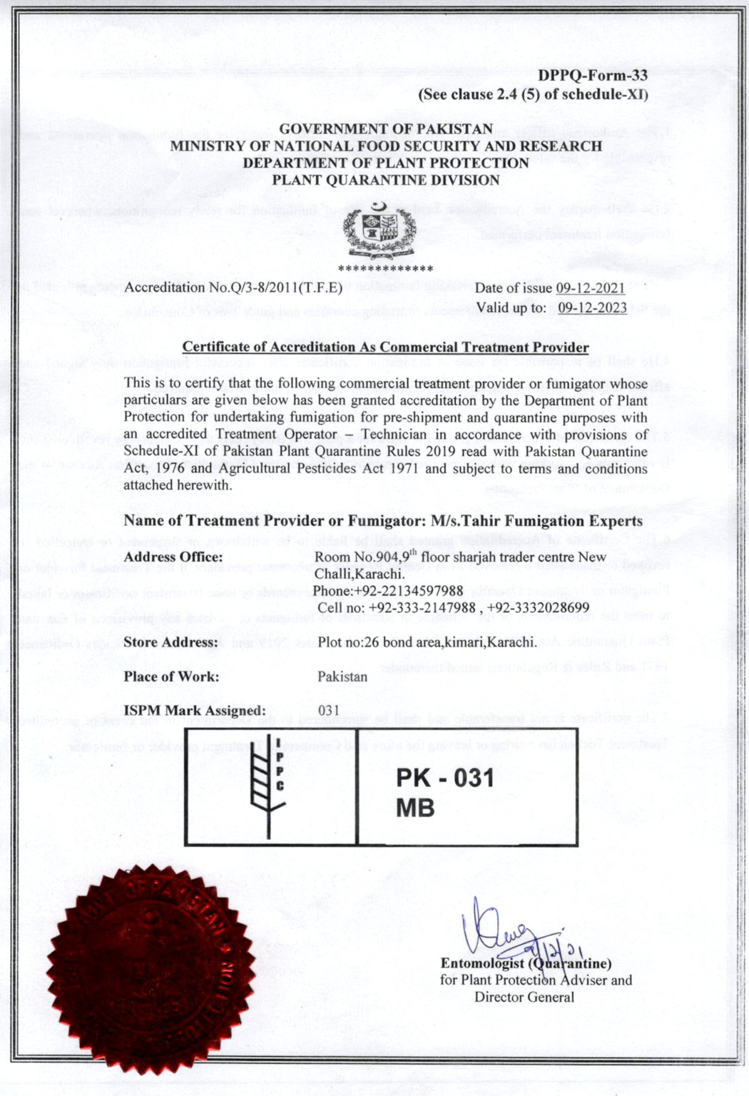 Certificates – Tahir Fumigations